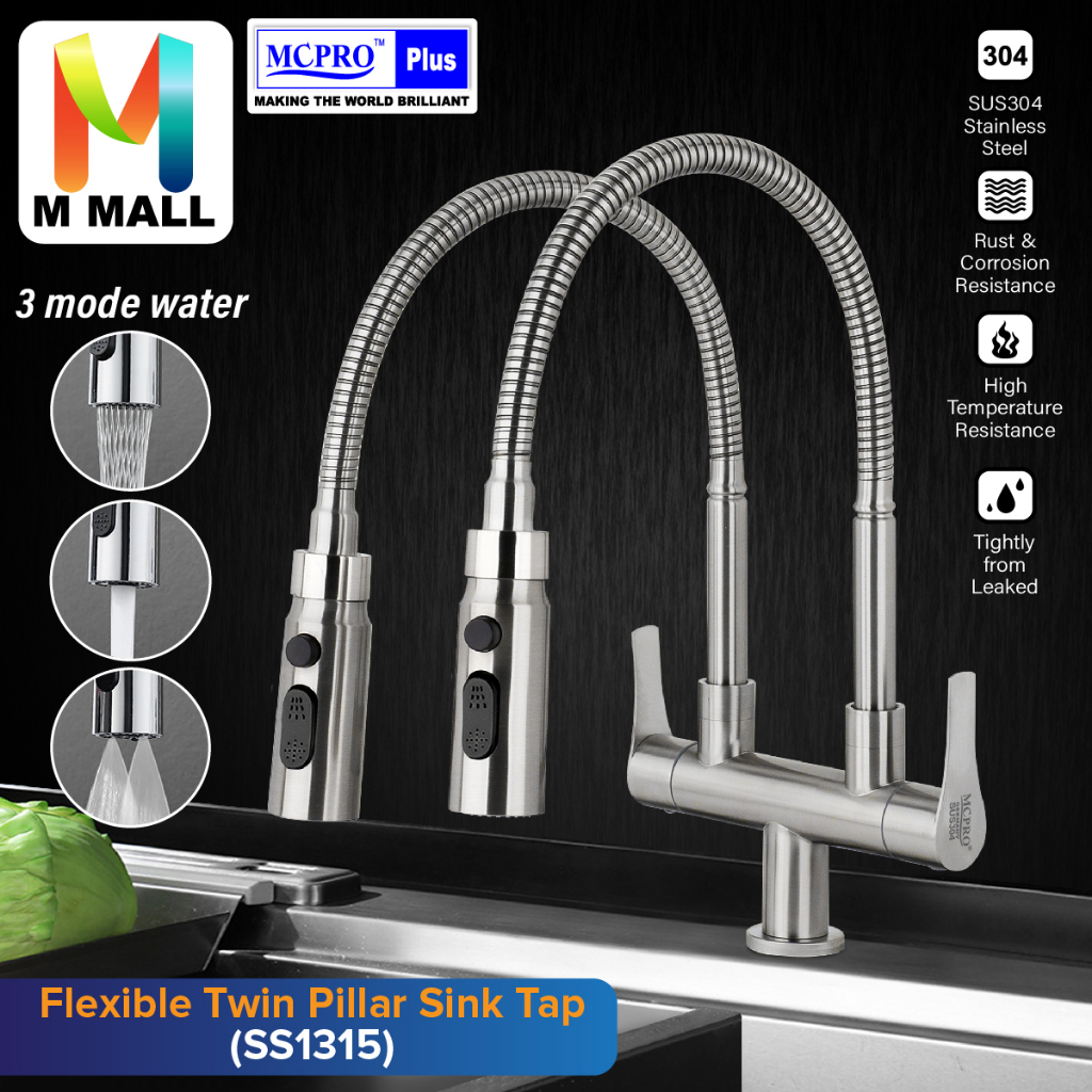 MCPRO SUS304 Stainless Steel FLEXIBLE TWIN PILLAR SINK TAP with 3 MODE ...