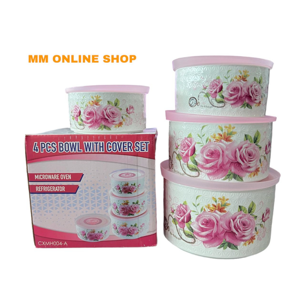 4pcs Ceramic Bowl With Air Tight Cover Set - Rose Design | Shopee Malaysia