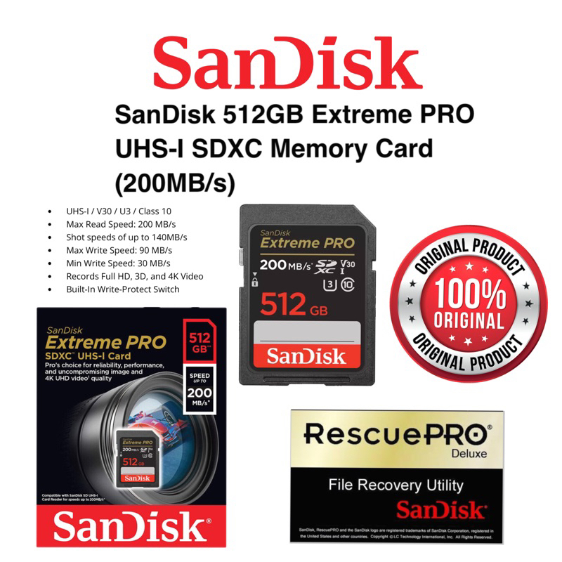 Sandisk Official original Sandisk Extreme Pro 512GB 200mbs Lifetime ...
