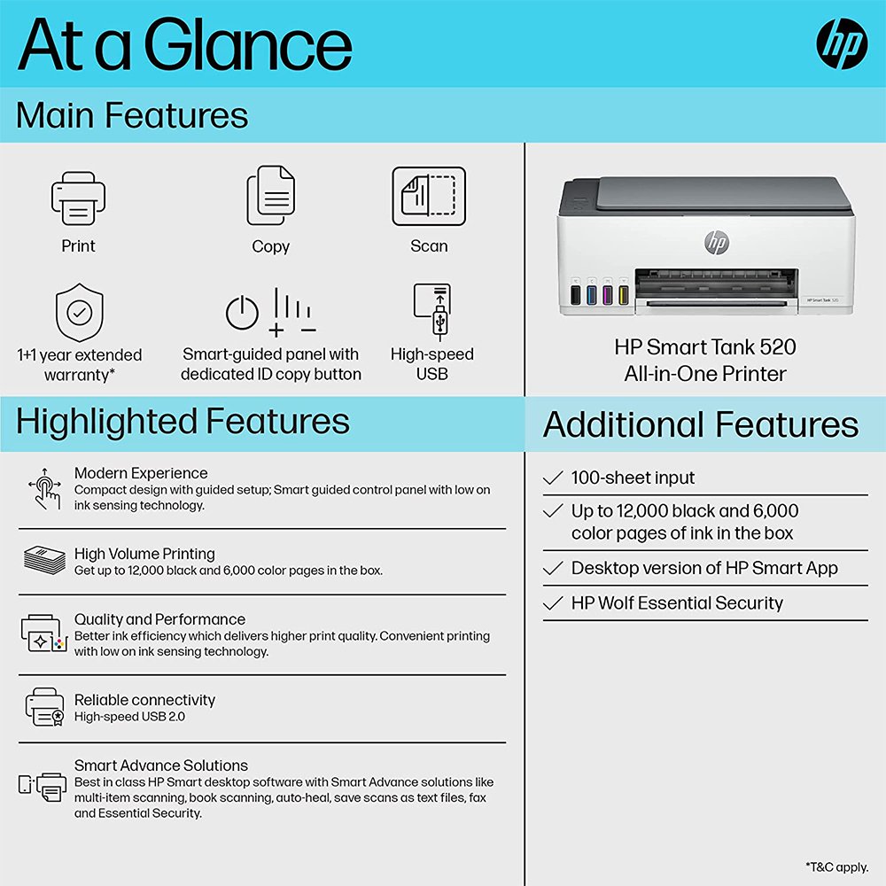 HP Printer Smart Ink Tank 520 HP520 HP 520 (USB) / HP580 HP 580 (WiFi ...