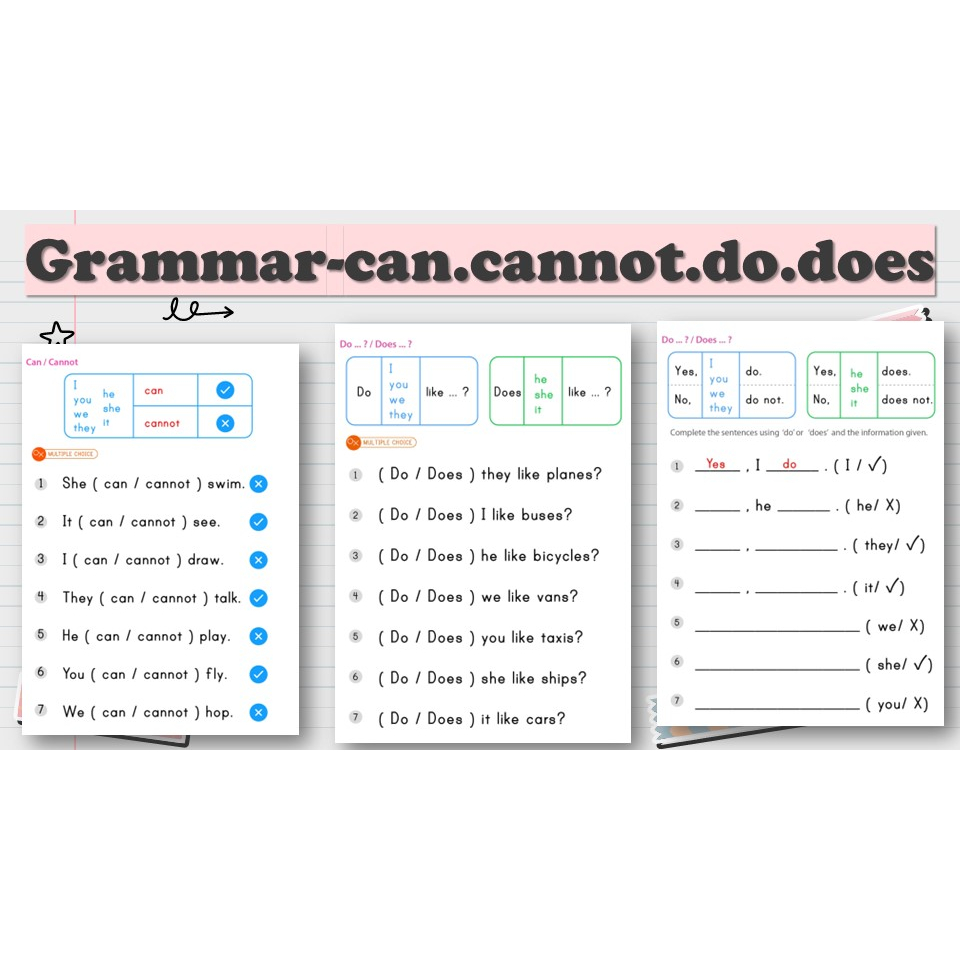 [PRE134] 24 pages Grammar - can/cannot/do/does Worksheet for Pre-school ...