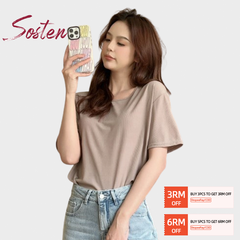 【NEW 2024】ST925 Korean Women Ice Silk Top Cool Round Neck Summer ...