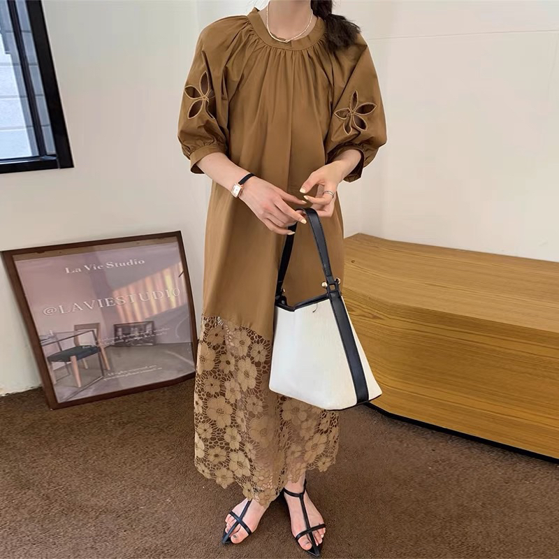 Niche lazy wind coffee color dress women's summer tea break French ...