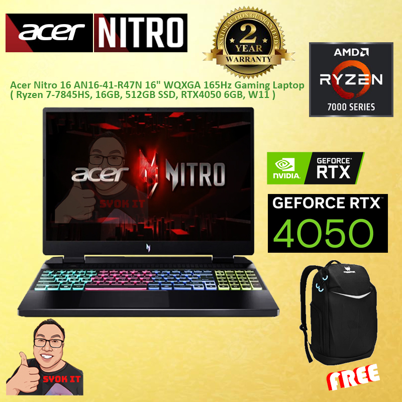 LAPTOP GAMING Acer Nitro 16 AN16-41-R47N RYZEN 7 R7 RTX4050 / R5ZW R7 RTX4060 / R39F R9 RTX4070 ...