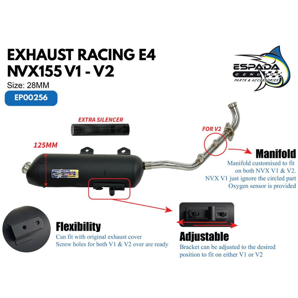 NVX 155 V1 & V2 / AEROX 155 V1 & V2 ESPADA E4 STANDARD CUTTING EXHAUST EKZOS 28mm / 32mm ...