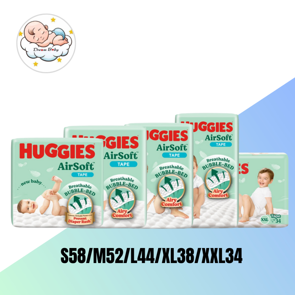 Huggies AirSoft Tape Diapers Super Jumbo Pack - S58/M52/L44/XL38/XXL32 ...