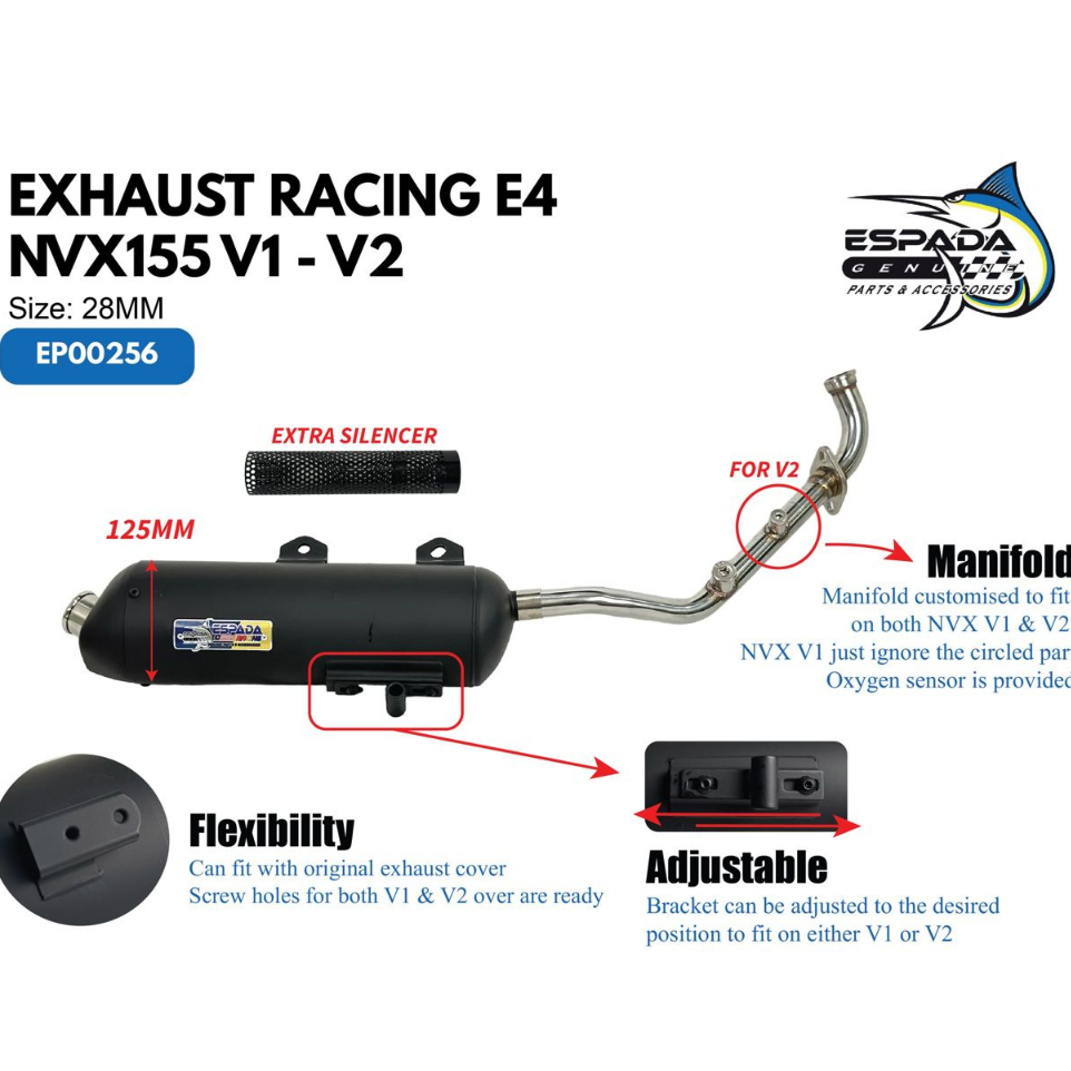 ESPADA E4 SCOOTER Nmax V2 NVX155 V2 EKZOS EXHAUST STANDARD CUTTING 28MM ...