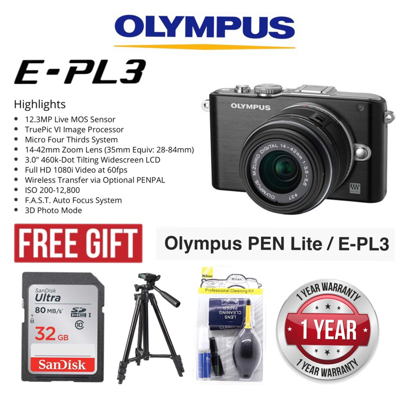 OLYMPUS E-PL3 14-42mm Zoom Lens 12.3 Live Mos Sensor Full HD 60Fps Fast ...