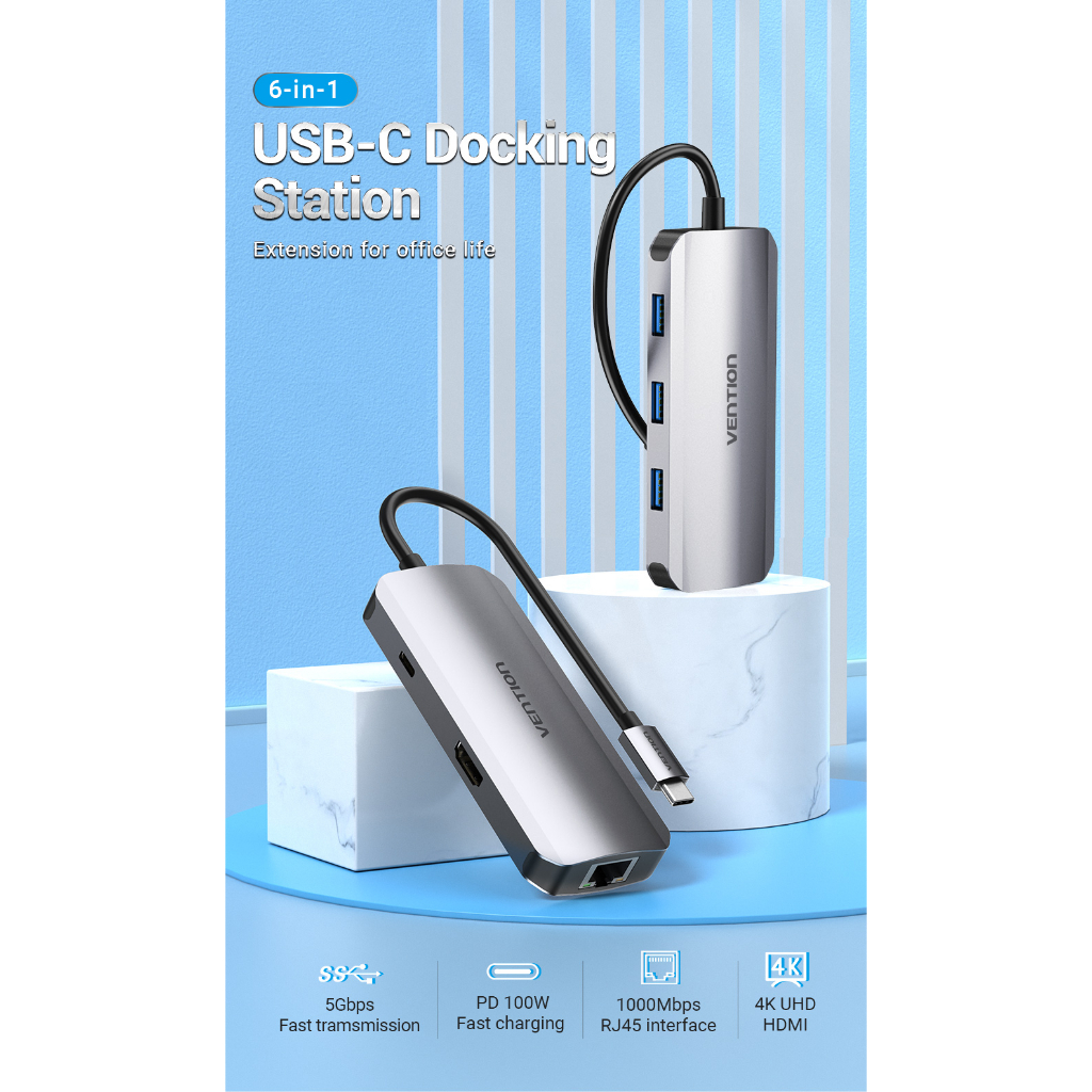Vention USB Type C Hub 6 in 1 with 4K HDMI USB 3.0 Ports 1Gbps RJ45 ...