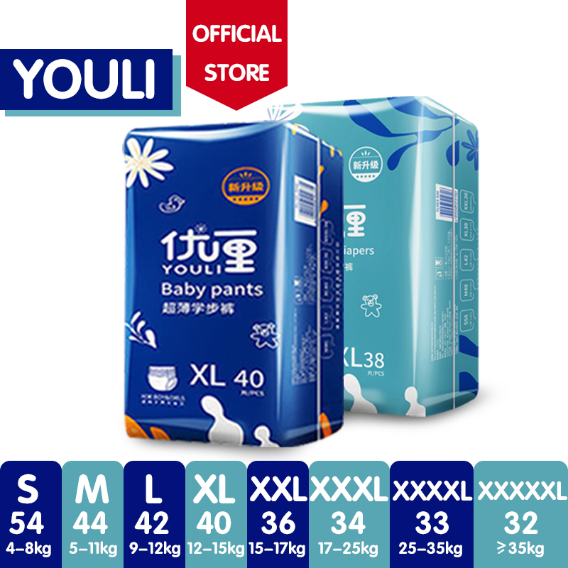 YOULI Premium Diapers - M (44 Pcs)/L (42 Pcs)/XL (40 Pcs)/XXL (36 Pcs ...