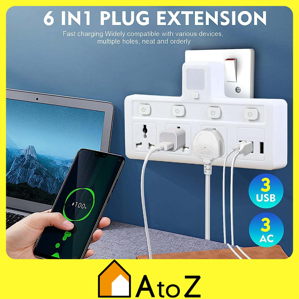 Universal Outlet Adaport T Way Multi Adaptor 3 pin USB Wall Extension ...