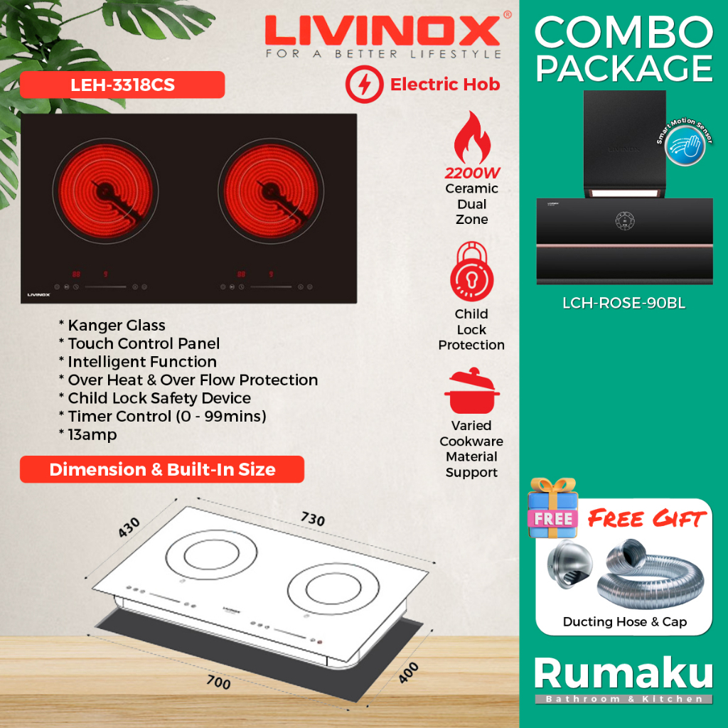 LIVINOX LCH-ROSE-90BL Kitchen Cooker Hood With Cooker Hob Gas Dapur ...