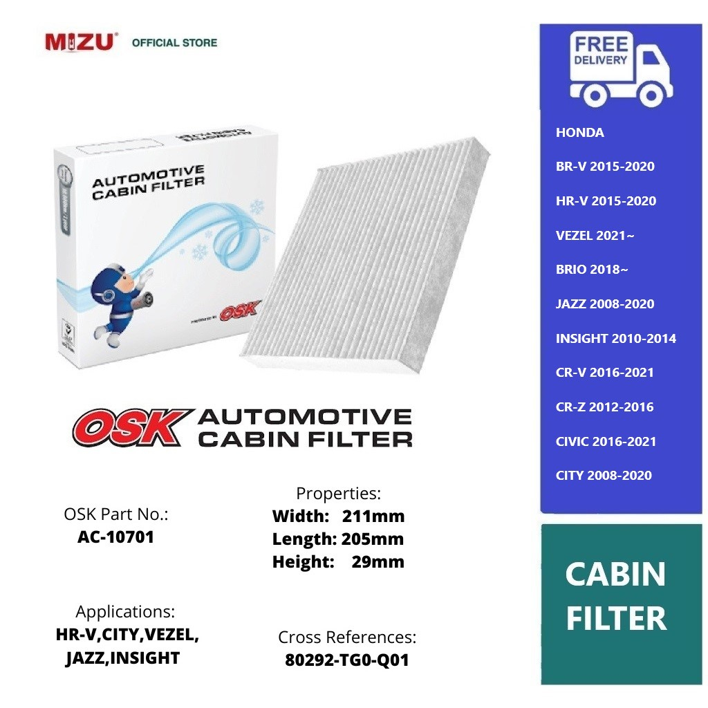 MIZU OSK AC-10701 CABIN FILTER HONDA CIVIC,CITY,CR-Z,HR-V,BR-V,INSIGHT ...