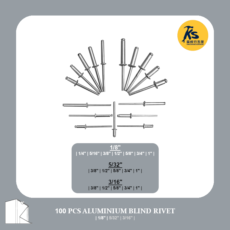 100 PCS 1/8" Aluminium Blind Rivet ( 1/4" | 5/16" | 3/8" | 1/2" | 5/8 ...
