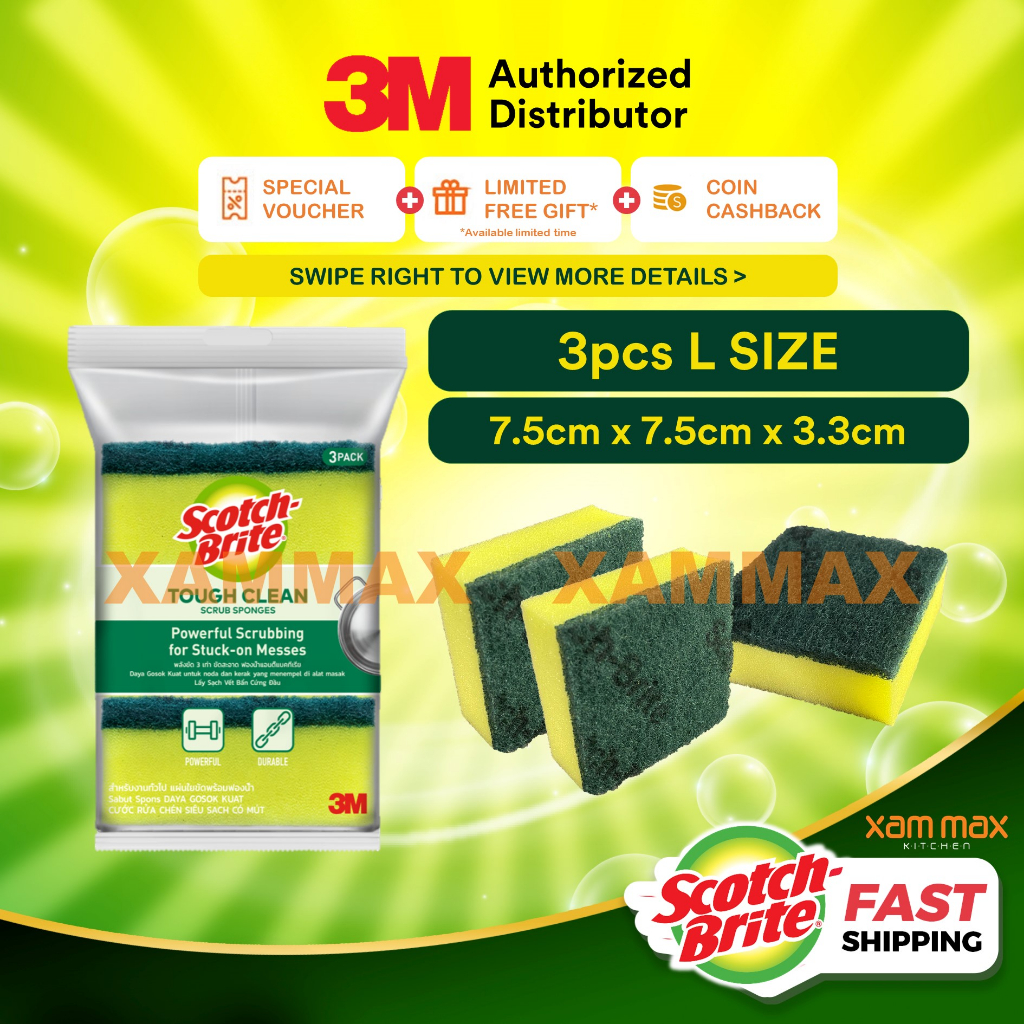 3M Scotch Brite - (3's) Tough Clean Heavy Duty Scouring Sponge Dish Pot ...