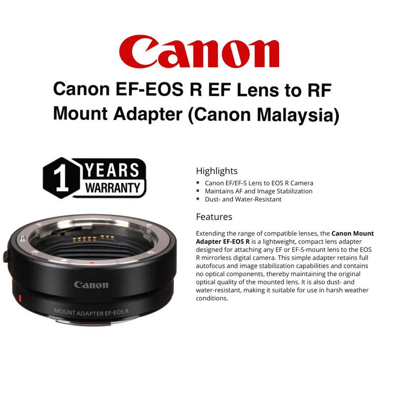 CANON MALAYSIA SET CANON EF-EOS R EF EFS LENS TO RF MOUNT ADAPTER (1 YEARS WARRANTY) | Shopee ...