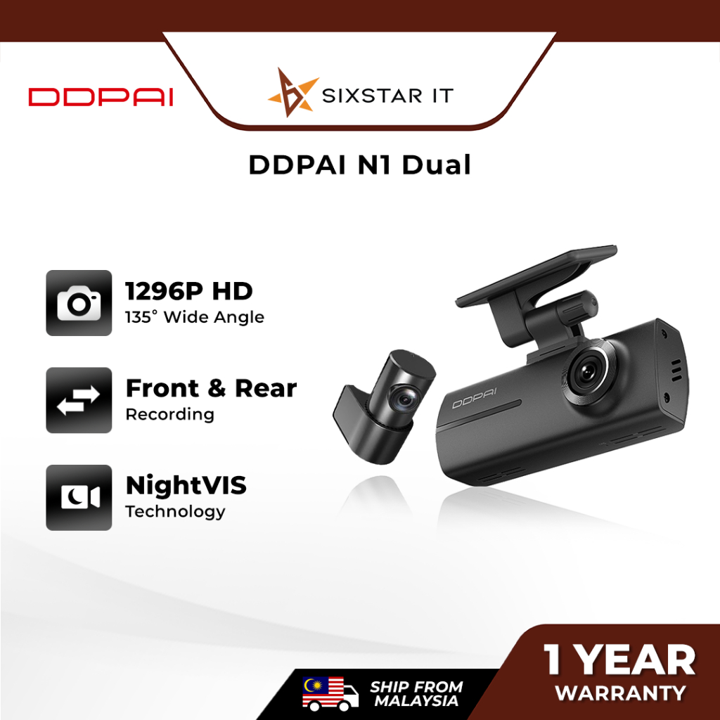 DDPAI N1 Dual Front & Rear Recording NightVIS 1296P Dash Cam Recorder ...