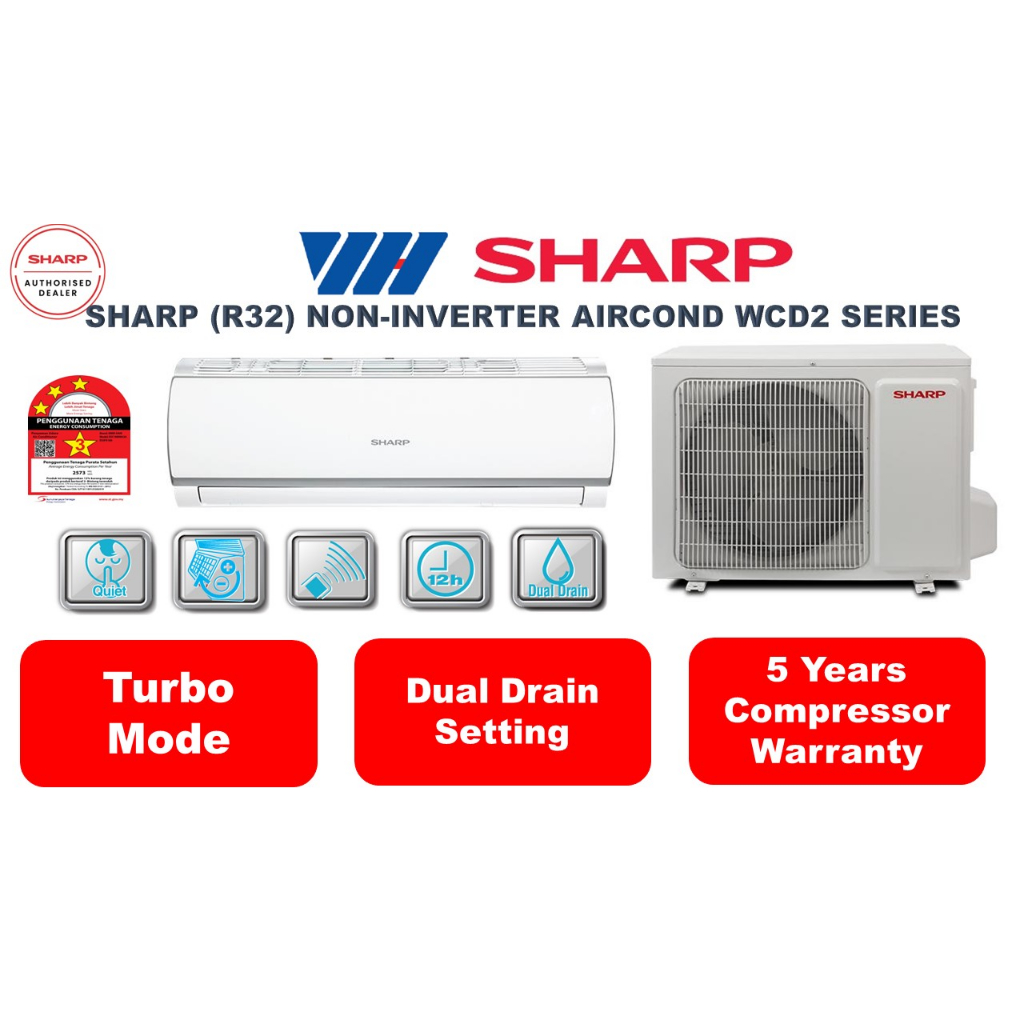 Sharp Basic Non-Inverter (R32) Aircond 1.0HP AHA/AUA9WCD2, 1.5HP AHA/AUA12WCD2, 5 Years ...