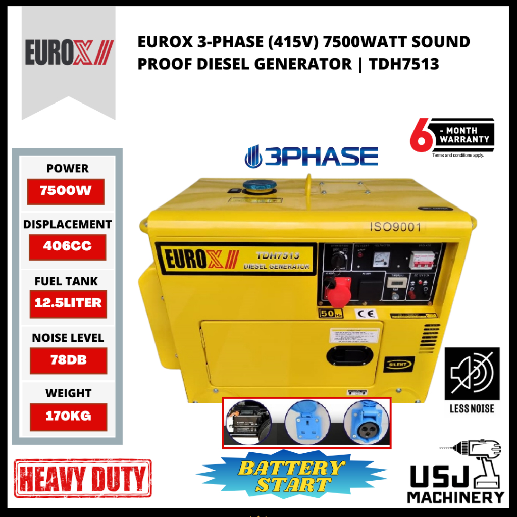 EUROX 3-Phase (415V) 7500Watt 406CC Sound Proof Diesel Generator TDH7513 | 6 Months Warranty ...