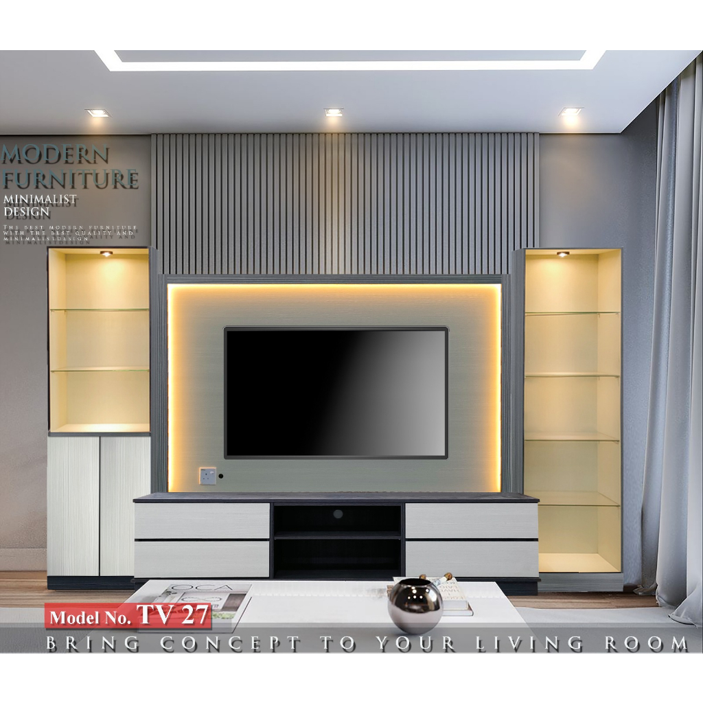 [TSB-TV27]10FT TV Cabinet with LED Light & Solid Wall/10 Kaki Kabinet ...