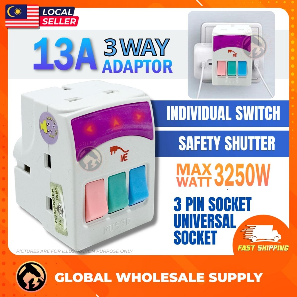 [READY STOCK] ME 13AMP 3 Way Adapter 3 Pin Plug / Universal Adapter ...