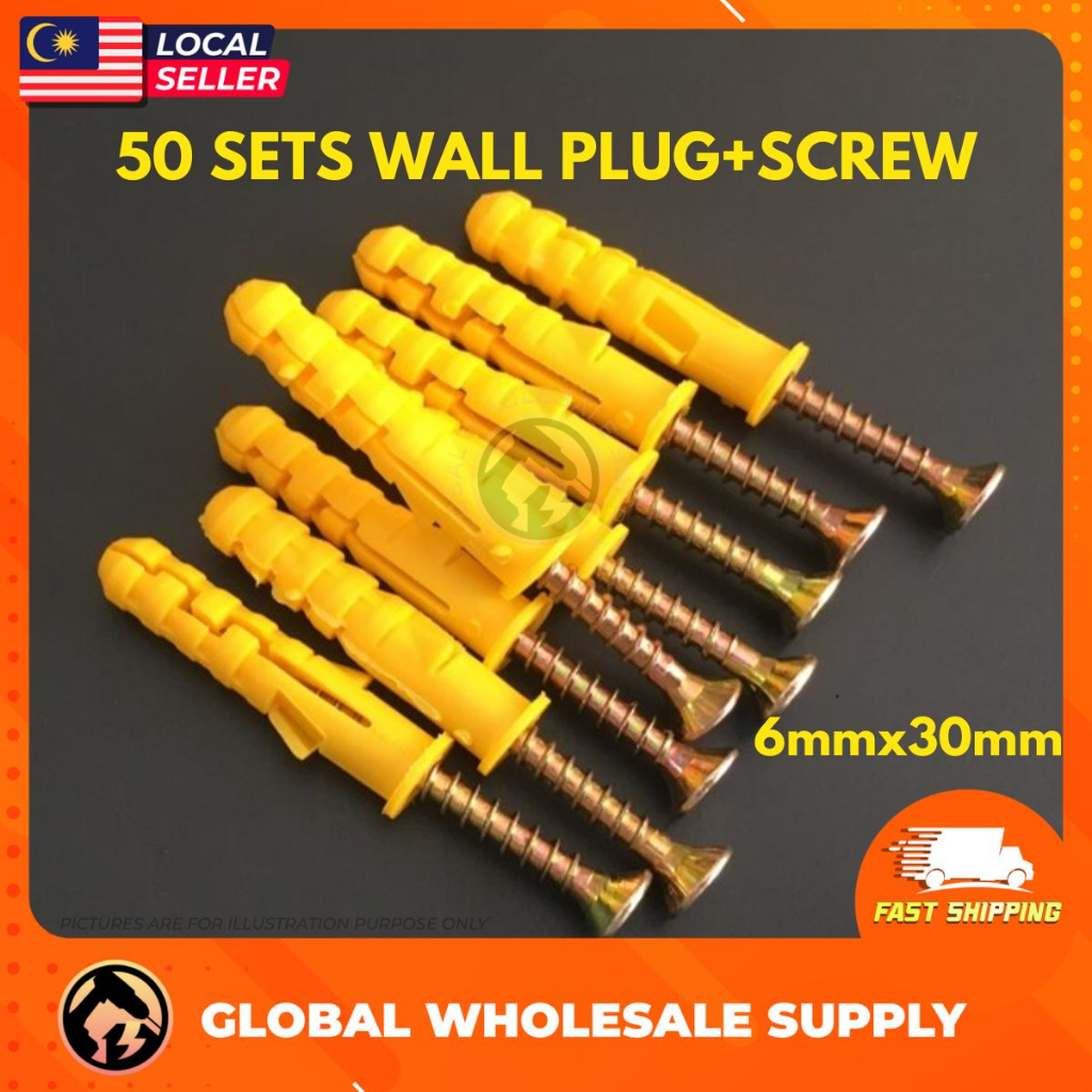 1 BOX 50 Sets 6MM x 30MM Croaker Wall plug with Screw Anchor Wall Plug ...