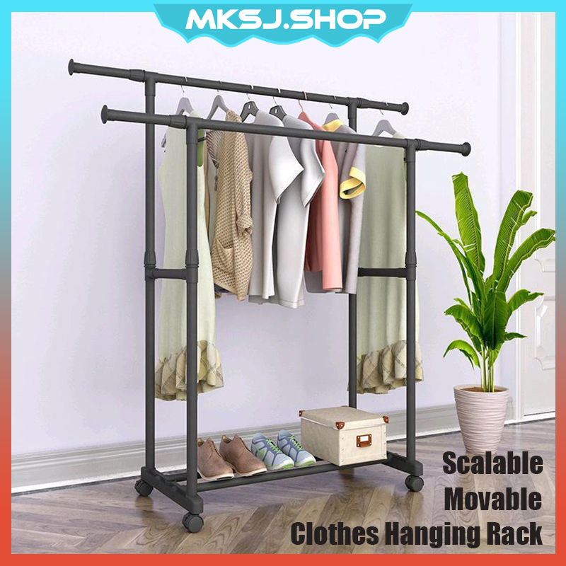 Single/Double Pole Clothes Hanging Rack with Wheels Laundry Organizer ...