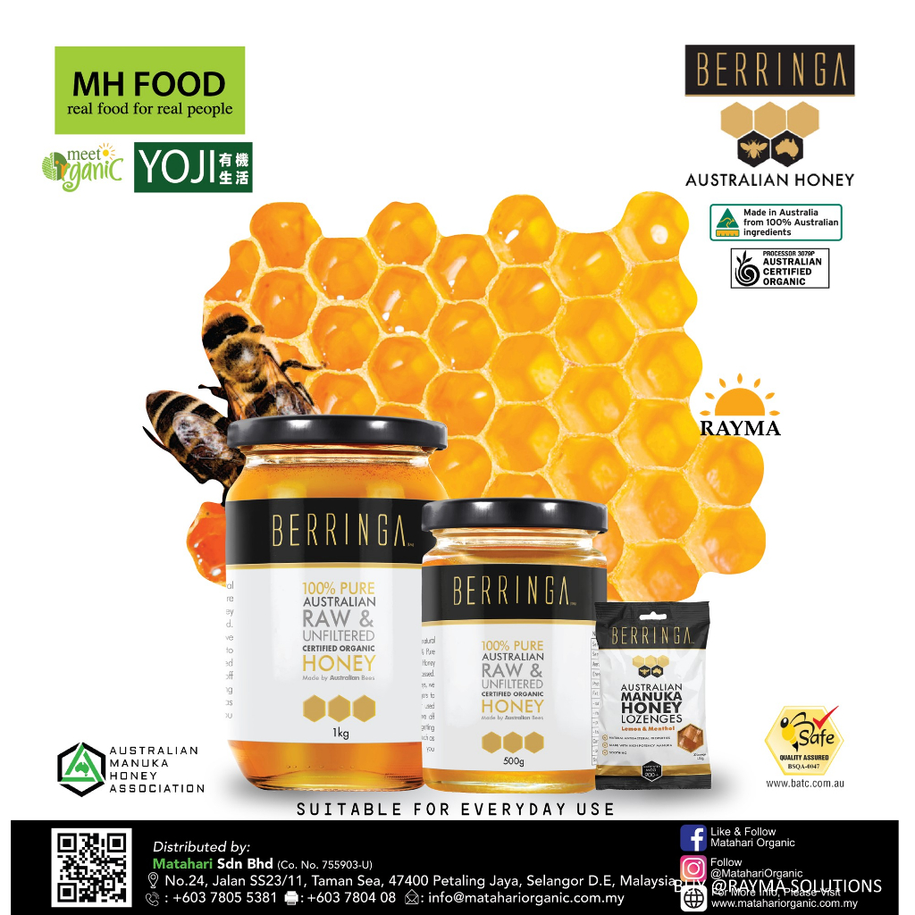 BERRINGA Premium 100% Pure Australian Raw & Unfiltered Certified Organic Honey, 500g | Shopee ...