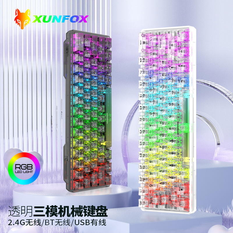 XUNFOX K30 / K30 Pro 2.4G + BT + Wired Transparent 61-Keys Mechanical ...