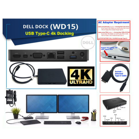 Dell Business Dock WD15 with Thunderbolt 3 USB Type-C Cable Attached ...