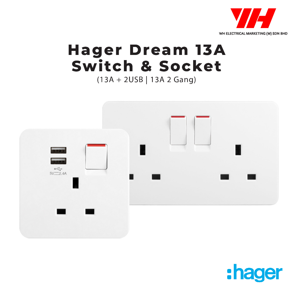 Hager Dream 13A + USB / 13A 2 Gang / 20A 2 WAY Switches & Sockets [ White/Knight Black/Elegant ...