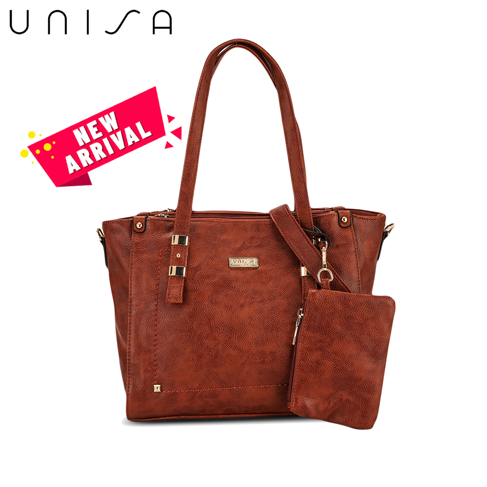 UNISA Vintage Faux Leather Tote Bag with Pouch (Black/Brown/Navy Blue ...
