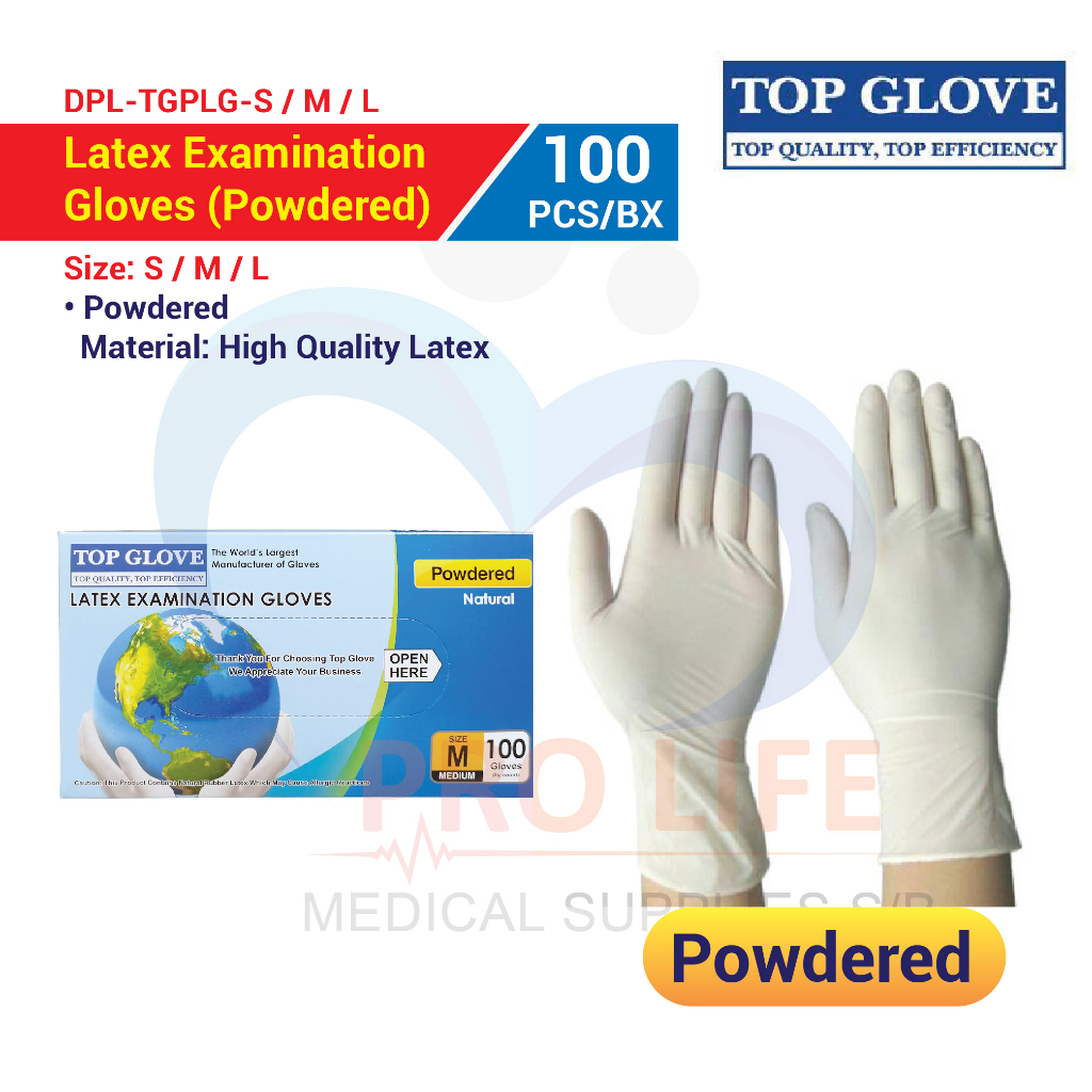 Top Glove Latex Examination Gloves, Powdered, Natural colour (100 Pcs Per Box)(Size : S, M, L ...