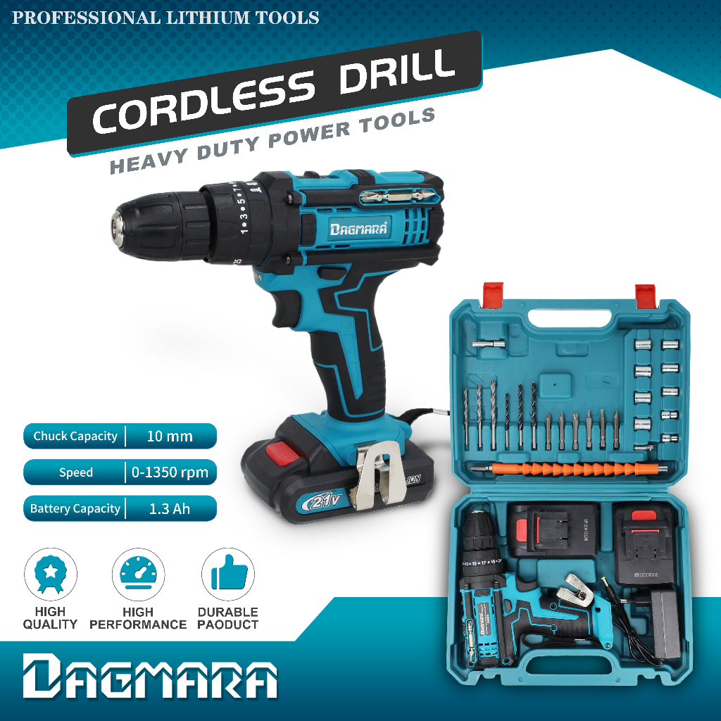 Dagmara Cordless Impact Drill Screwdriver 2 Battery Hammer Drill 3 Mode ...