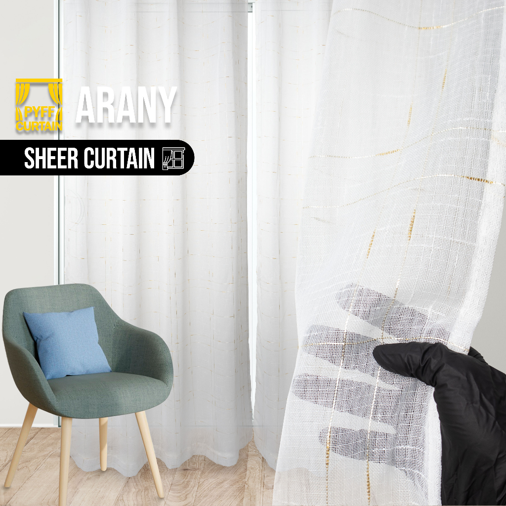 PYFF CURTAIN | ARANY modern tulle gold line white sheer curtain ...