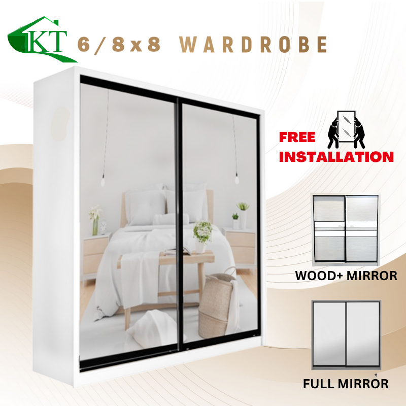 FREE INSTALL KT furniture: Almari Baju Wardrobe Sliding Door Anti-Jump Cabinet Clothes 8ft x 8ft ...