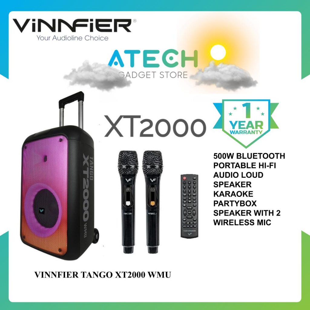 VINNFIER TANGO XT2000 WMU BLUETOOTH PORTABLE TROLLEY LOUD SPEAKER KARAOKE WITH 2 WIRELESS MIC ...
