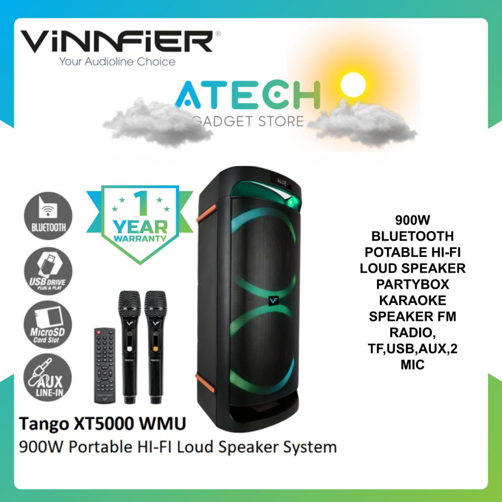 Vinnfier VF TANGO XT5000 WMU 900W Bluetooth Potable HI-FI Loud PartyBox Karaoke Speaker FM Radio ...