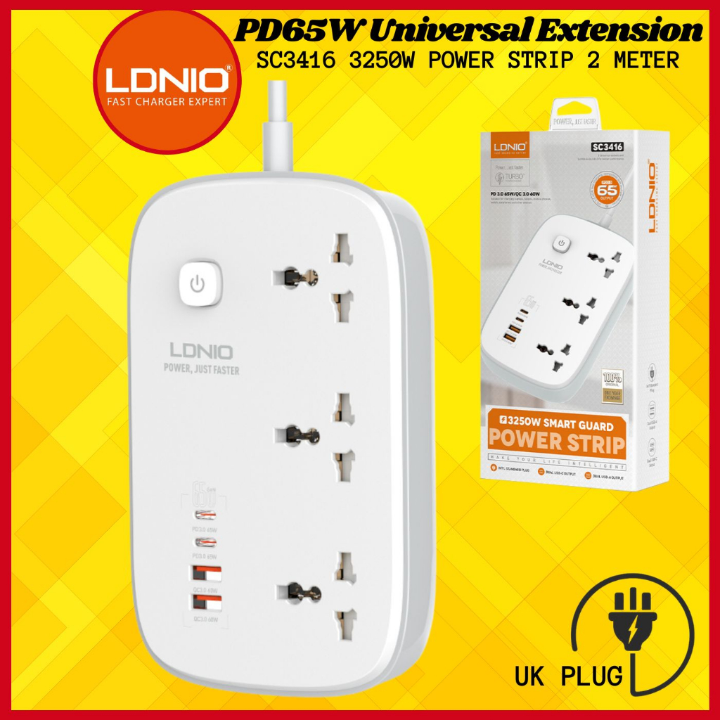 【6MthsWarranty】LDNIO SC3416 65W GaN UK/US/EU Plug Universal Surge ...