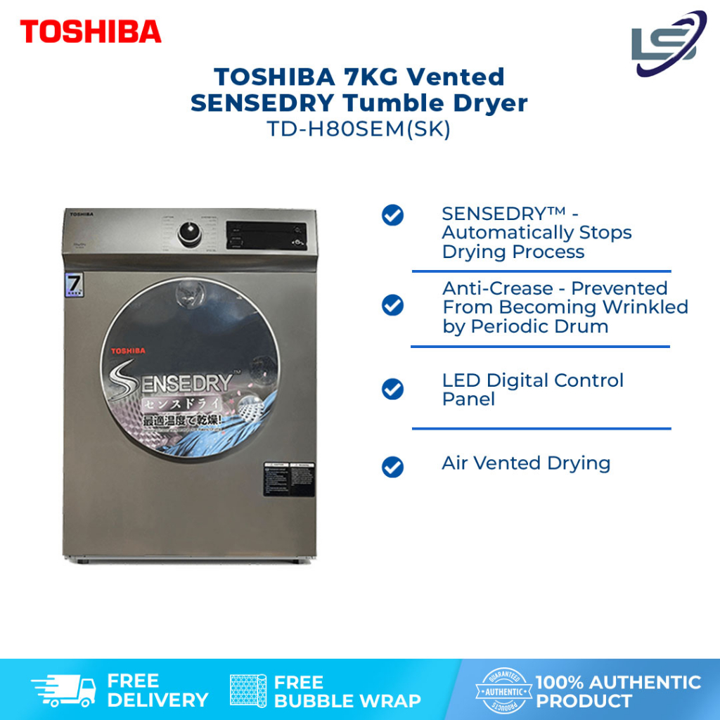 TOSHIBA 7KG Vented SENSEDRY Tumble Dryer TD-H80SEM(SK) | LED Display | Anti-Crease | Quick Dry ...