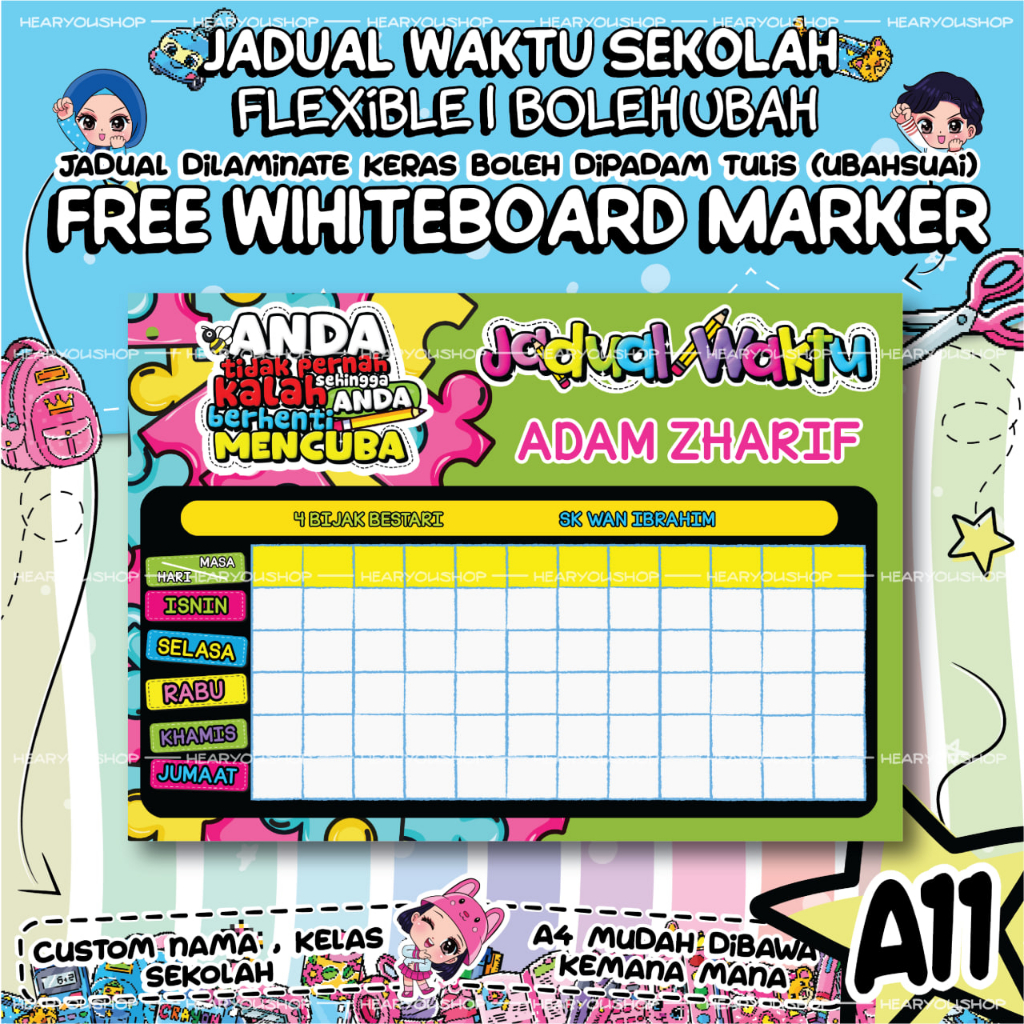 JADUAL WAKTU KELAS BOLEH UBAH A4 JADUAL WAKTU SEKOLAH LAMINATE BOLEH ...