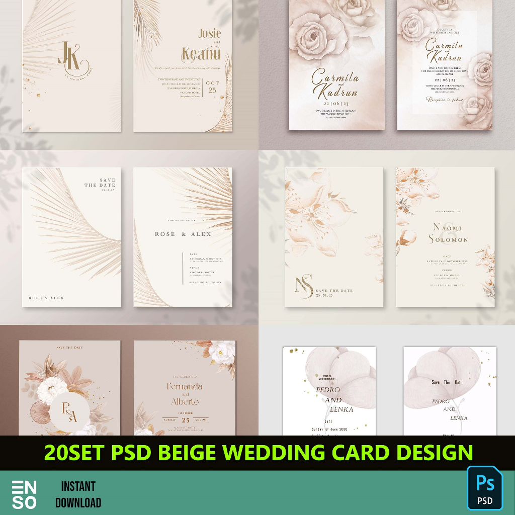 20-Set PSD Beige Wedding Card Editable Template | Wedding Card Template ...