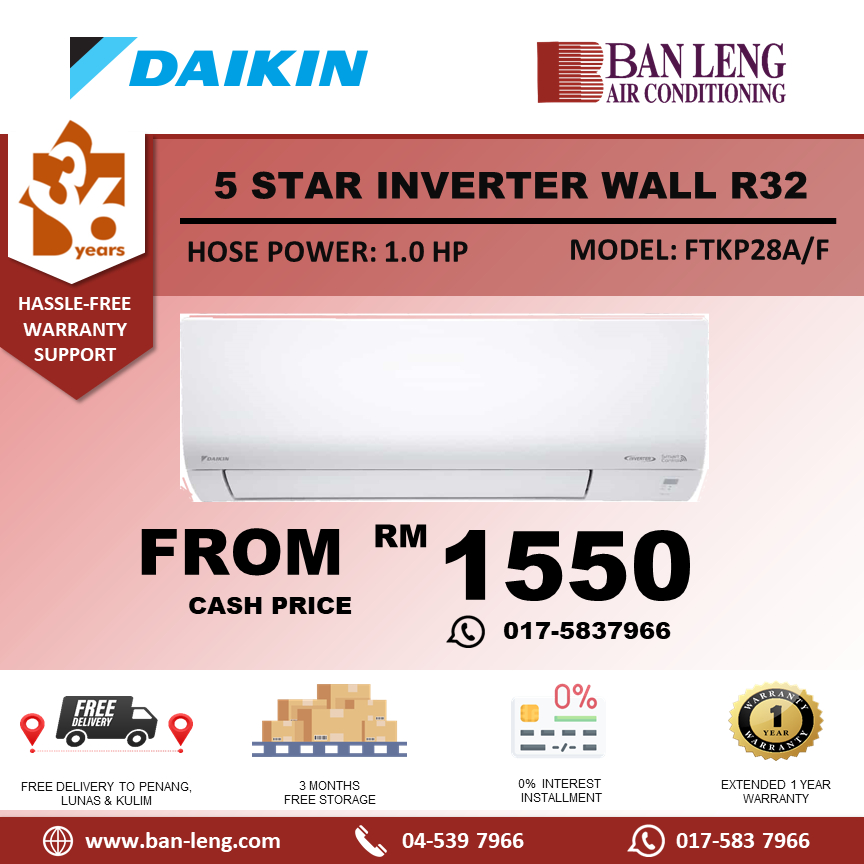 Daikin 1HP Wall R32 5 Star Standard Inverter FTKP28A/F | Shopee Malaysia