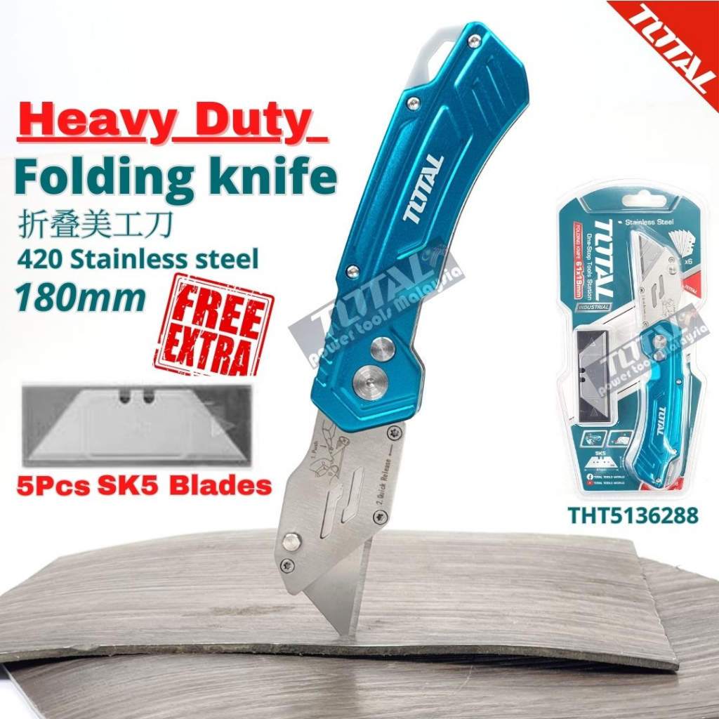 TOTAL Folding Utility Knife [ 420 Stainless steel ] 180mm + Extra FREE ...