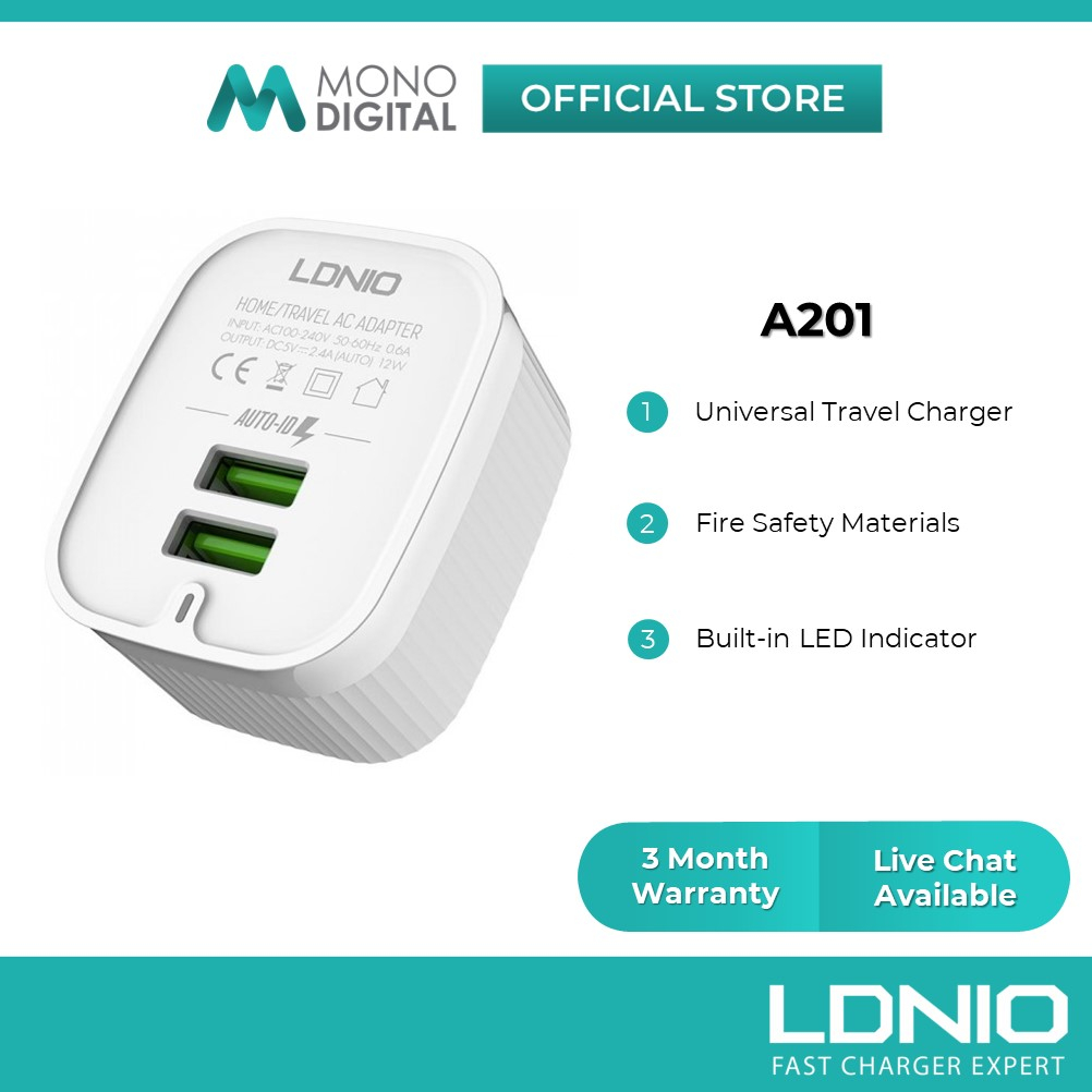 LDNIO A201 Dual USB Output Port 2.4a Fast Charging 3 Pin Travel Charger ...