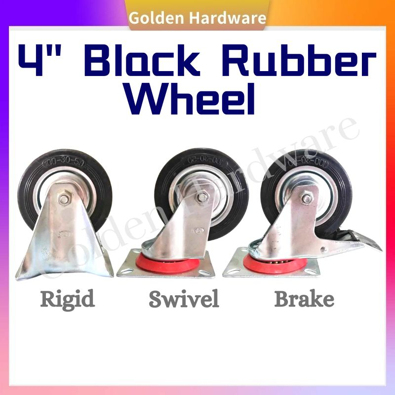 4'' (100mm) Heavy Duty Black Rubber Rigid/Swivel/Brake Caster Wheels ...