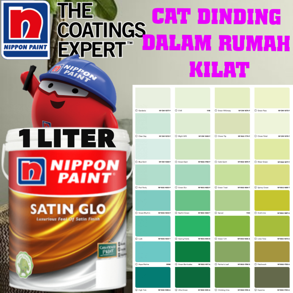 NIPPON SATIN GLO 1 LITER INTERIOR SHEEN WASHABLE PAINT / CAT DINDING DALAM RUMAH KILAT ( GREEN ...