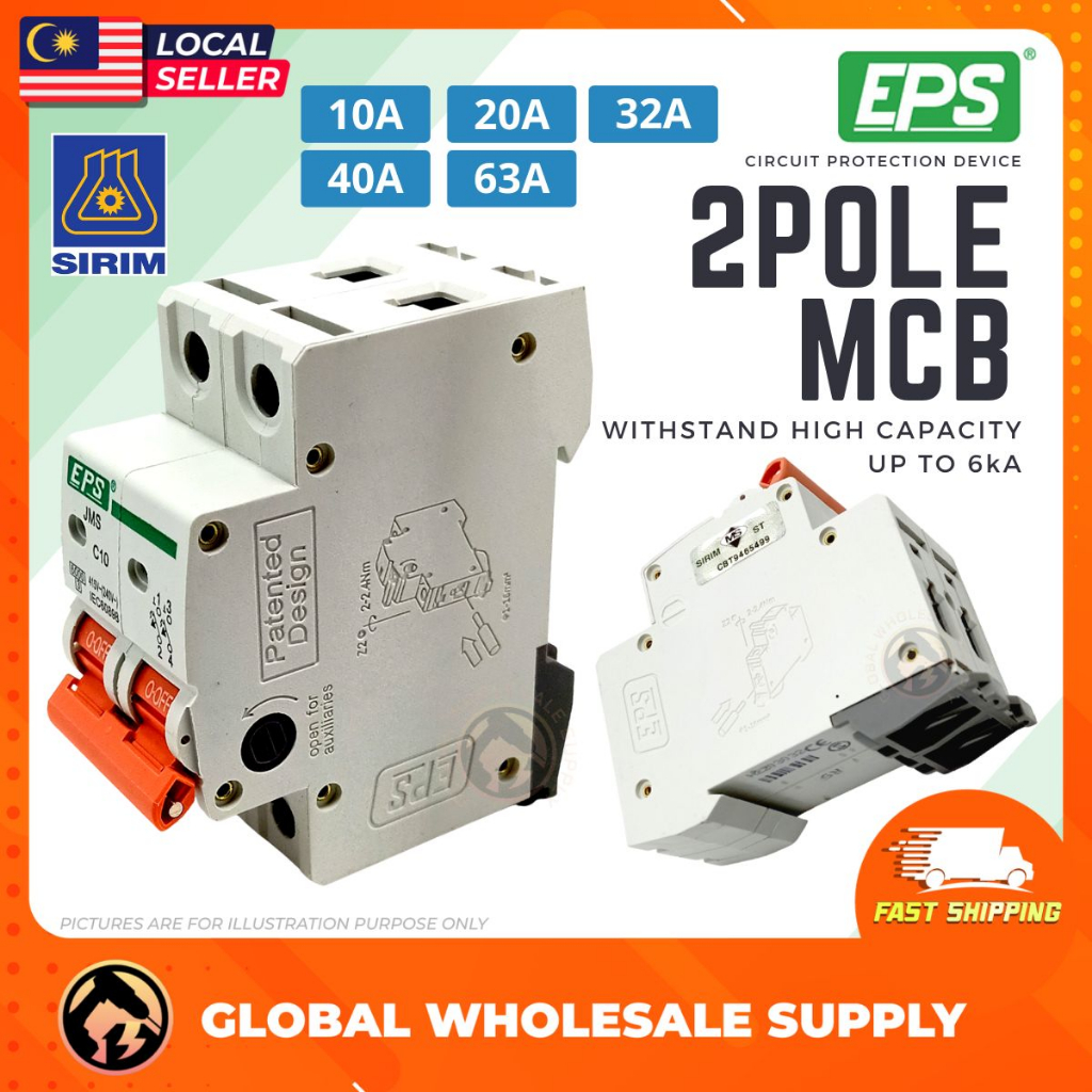 SIRIM EPS 2 POLE MCB Double Pole Miniature Circuit Breaker MCB DIN Rail Mount Circuit Breaker ...