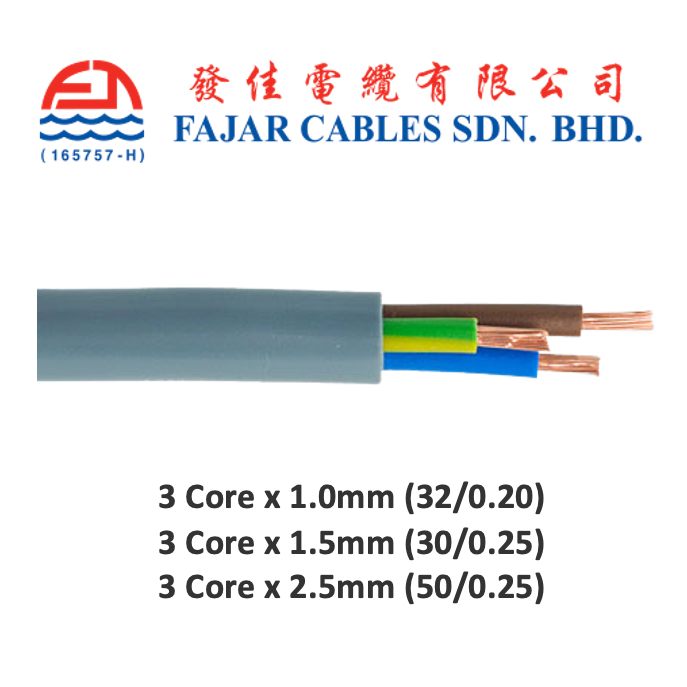 FAJAR 3 Core x 1.0mm/1.5mm/2.5mm PVC Flexible Cord Grey Cable 100% Pure ...