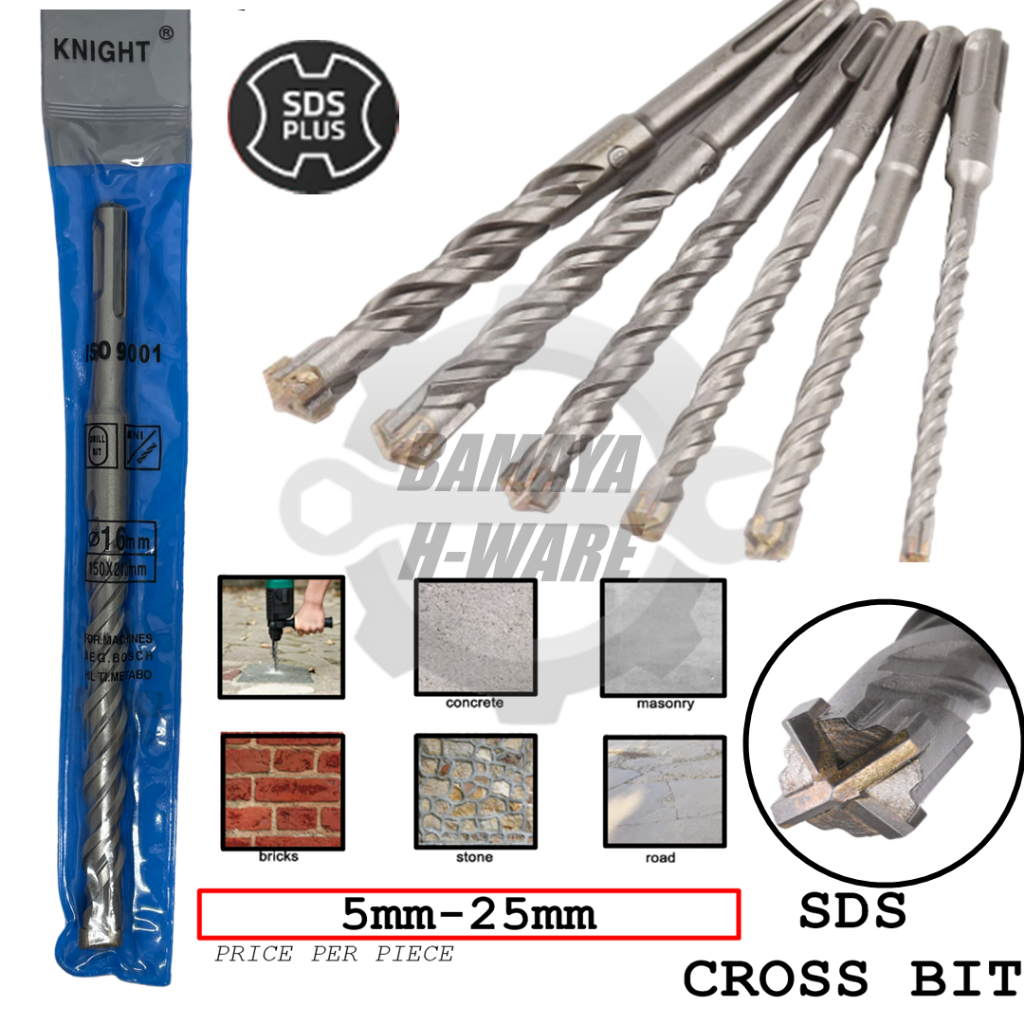 SDS Plus Masonry Cross Drill Bit. 5mm-25mm Carbide Tip Rotary Hammer ...